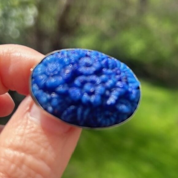Vintage | Jewelry | Blue Azurite Carved Floral Oval Brooch | Poshmark